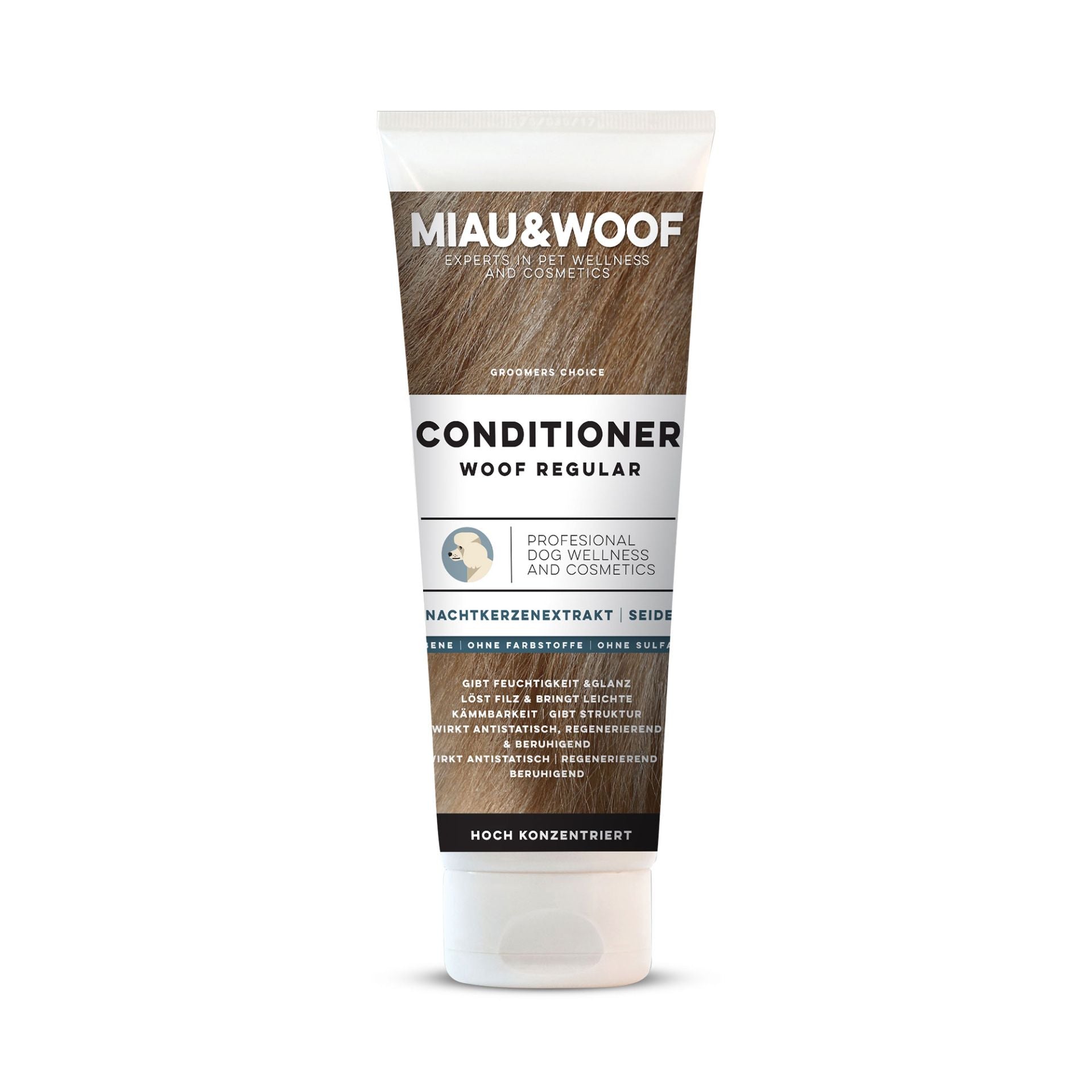 Woof Regular Conditioner Tube 250ml cares for and nourishes dog fur.